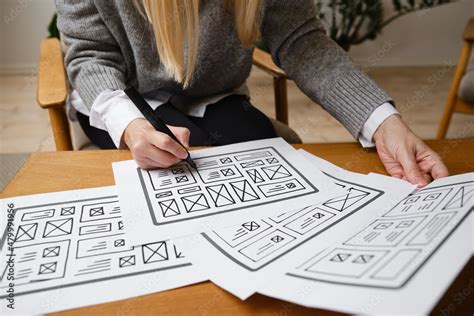 Woman Designer Create Website Design Wireframe Sketch Prototype Framework Layout Future