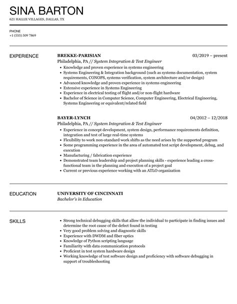 System Integration And Test Engineer Resume Samples Velvet Jobs