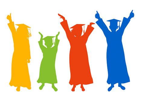 사각형 학업 모자를 쓴 졸업생 어린이 그룹 쾌활한 사람들 화려한 실루엣 졸업식 벡터 일러스트 레이 션 2025년에 대한 스톡 벡터 아트 및 기타 이미지 Istock