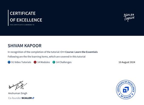 shivam kapoor on linkedin cplusplus certificateofexcellence scaler
