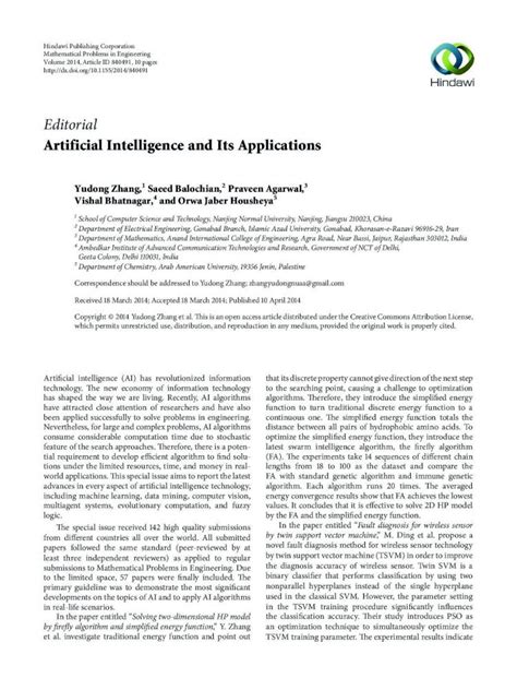 Pdf Editorial Artificial Intelligence And Its Applications · Artificial Intelligence And Its
