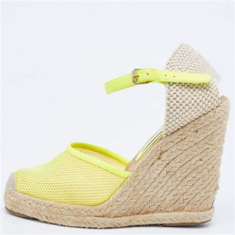 Stella Mccartney Neon Yellow Mesh Espadrille Wedge Ankle Strap Pumps