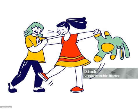 재생 방에서 싸우고 싸우는 어린 소녀 동급생 형제 자매 또는 친구가 서로 외치고 때리기 갈등 상황 활동적인 어린이 만화 플랫 벡터 일러스트레이션 라인 아트 가정의 방에 대한