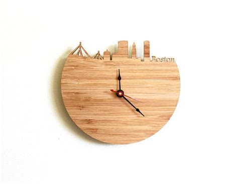Boston Skyline Modern Wood Clock Massachusetts Time Zone Clock In