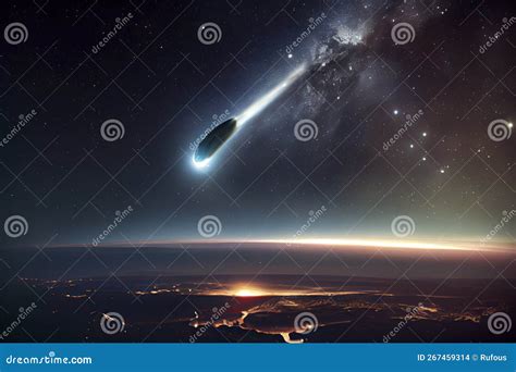 Comet Asteroid Meteorite Flying To Planet Earth On Starry Night Sky Stock Illustration
