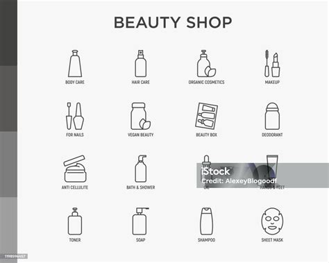 뷰티 숍 얇은 라인 아이콘 세트 스킨 케어 크림 젤 유기농 화장품 메이크업 비누 디스펜서 네일 케어 뷰티 박스 데오도란트 얼굴