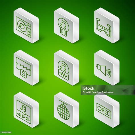 라인 설정 녹음 버튼 디스코 볼 비닐 디스크가 있는 비닐 플레이어 음표 톤 웨이브 이퀄라이저 일시 중지 및 스피커 볼륨 아이콘