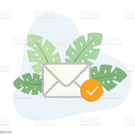 체크 표시로 닫힌 봉투 플랫 벡터 일러스트레이션 아이콘은 보내기 첨부 파일 메일 이메일 보냄 메시지에 대한 웹 사용을 위해 나뭇잎으로 장식되어 있습니다 3차원 형태에 대한