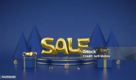 판매 배너 골든 세일 풍선 단어입니다 파란색 배경에 장면과 3d 원형 플랫폼 금 활 금속 소나무 가문비 나무 축제 헬륨 풍선이 있는 선물 상자가 있는 받침대 벡터 그림 0