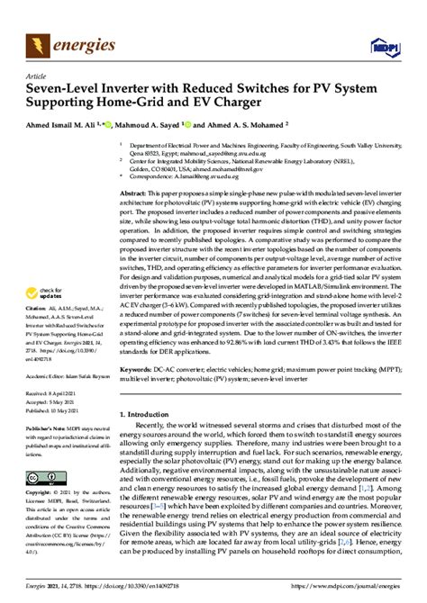 Pdf Seven Level Inverter With Reduced Switches For Pv System Supporting Home Grid And Ev Charger