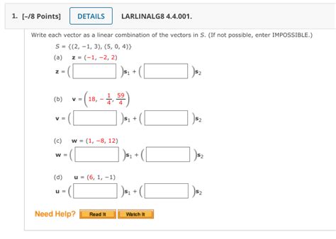 Solved 1 18 Points DETAILS LARLINALG8 4 4 001 Write Chegg Com