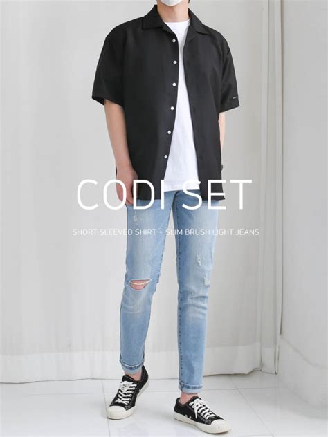 Set 링클프리 구김방지 베이직 반팔셔츠 데일리 슬림 일자핏 브러쉬 연청바지 디스페로