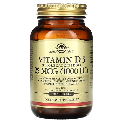 Solgar Vitamin D3 Cholecalciferol 25 Mcg 1000 Iu Softgels 1 Ea