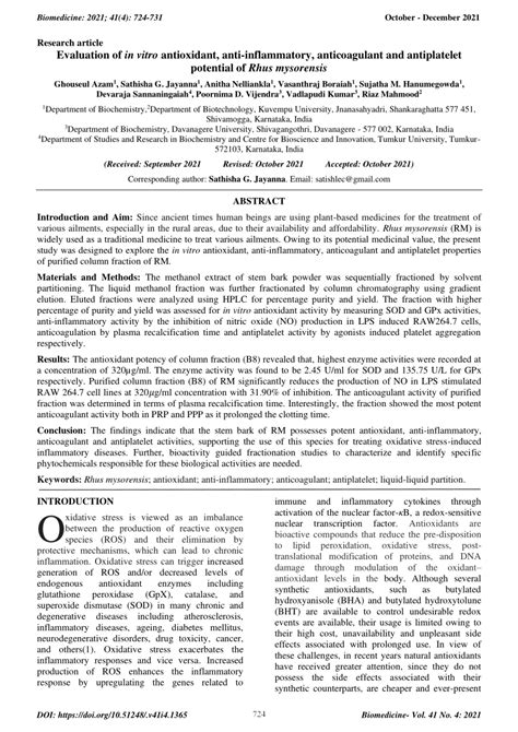 Pdf Evaluation Of In Vitro Antioxidant Anti Inflammatory Anticoagulant And Antiplatelet
