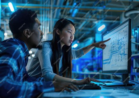 Premium Photo American Male And Asian Female Engineers Working Together On A Computer Ai Generated
