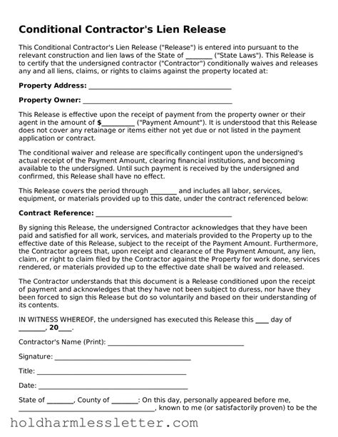 Conditional Contractors Lien Release Template Fillable Pdf Form