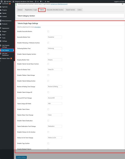 talent single page settings sites spark support forum