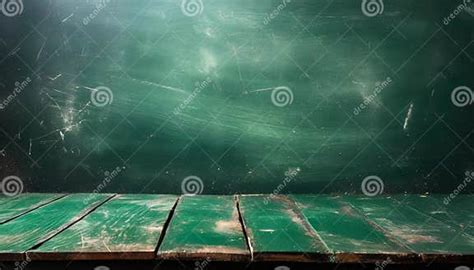 Empty Green Chalkboard With Scratched Surface And Weathered Wooden Planks In Front Vintage