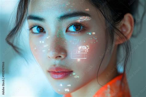 Generative Art Portrait of an Asian Woman with Minimalistic Frame and Digital Border Effects in ...