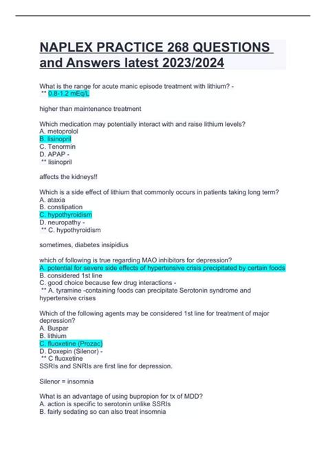 Naplex Practice 268 Questions And Answers Latest 2023 2024 Naplex Stuvia Us