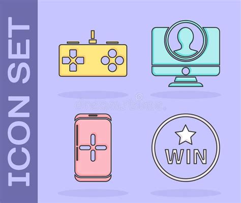 Set Medal Gamepad Smartphone And Playing In Game And Create Account Screen Icon Vector Stock