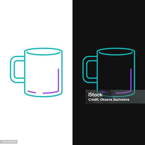 녹색과 보라색 라인 커피 컵 아이콘 흰색과 검은 색 배경에 격리 차 컵 뜨거운 음료 커피 벡터 일러스트레이션 경영자에 대한 스톡