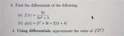 solved 3 find the differentials of the following a