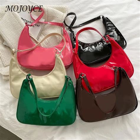 패션 숄더 가방 여성 특허 가죽 단색 초승달 핸드백 숙녀 모든 일치 겨드랑이 가방 여성을위한 숄더 백 AliExpress