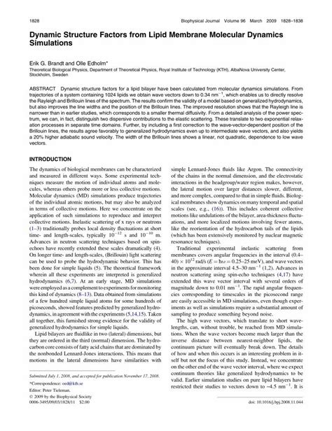 Pdf Dynamic Structure Factors From Lipid Membrane Molecular Dynamics