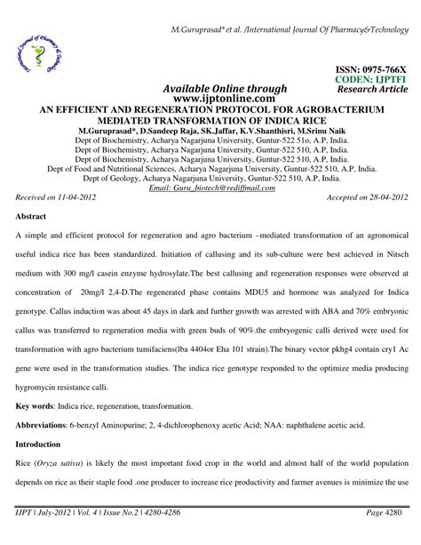 Pdf An Efficient And Regeneration Protocol For Agrobacterium Mediated Transformation Of Indica