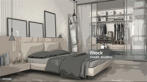 아늑한 현대 침실 인테리어 디자인의 만화 그림 다채로운 배경 가구와 아파트 개념 디지털 페인팅 예비 스케치북 건축 아이디어 가구에 대한 스톡 사진 및 기타 이미지 Istock