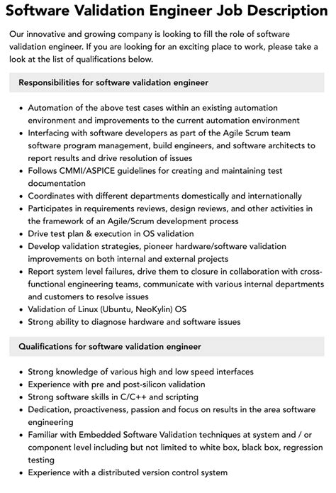 Software Validation Engineer Job Description Velvet Jobs