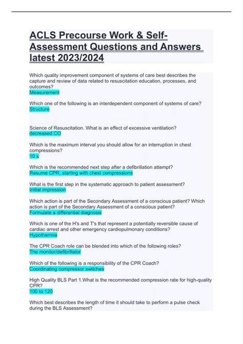 Acls Precourse Work And Self Assessment Questions And Answers Latest Acls Stuvia Us