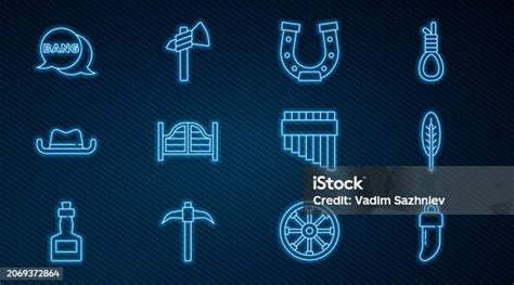 세트 라인 이빨 인디언 깃털 말굽 살롱 문 서부 카우보이 모자 뱅 붐 총 만화 팬 플룻 및 토마 호크 도끼 아이콘 벡터 0명에 대한 스톡 벡터 아트 및 기타 이미지 Istock