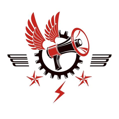 Premium Vector Decorative Vector Emblem Composed With Winged Loudspeaker And Gear Symbol