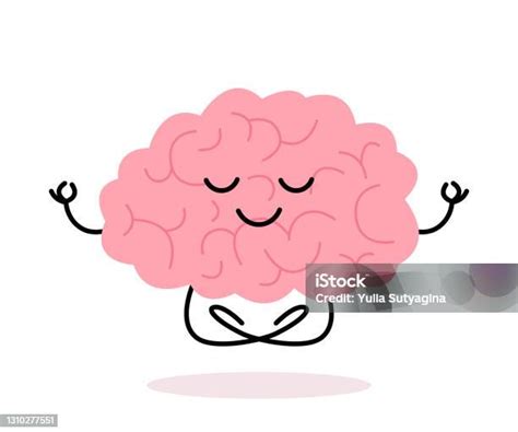 행복한 건강한 두뇌 마음 캐릭터 명상 요가 휴식 건강 뇌 정신 기관은 연꽃에 앉아 침착유지 벡터 플랫 일러스트레이션 정신 건강에 대한 스톡 벡터 아트 및 기타 이미지