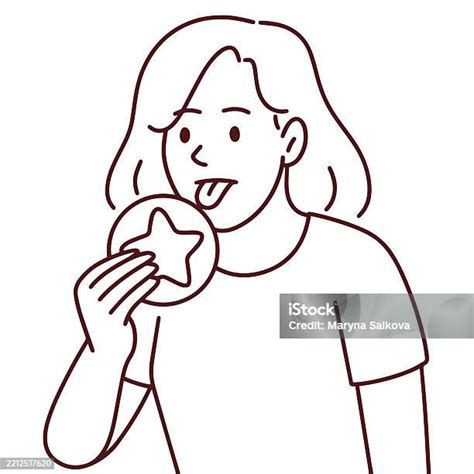 챌린지 중 달고나 사탕을 장난스럽게 핥는 소녀의 라인 아트 일러스트는 즐거움과 자신감 있는 분위기를 보여줍니다 귀여운에 대한 스톡 벡터 아트 및 기타 이미지 Istock