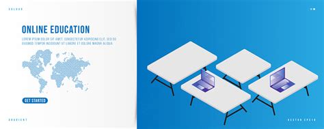 배너 온라인 교육입니다 백그라운드에 페이지 디자인 서식 파일 아이콘 기술 세계 지도 함께 웹 사이트를 방문 테이블에 아이소메트릭 스타일에서 노트북입니다 평면 벡터 일러스트