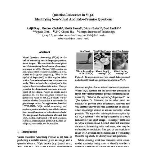 Question Relevance In Vqa Identifying Non Visual And False Premise Questions Acl Anthology