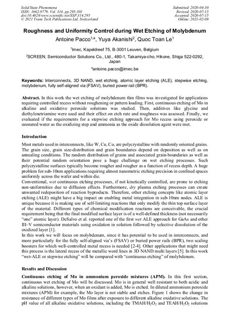 Roughness And Uniformity Control During Wet Etching Of Molybdenum Scientificnet