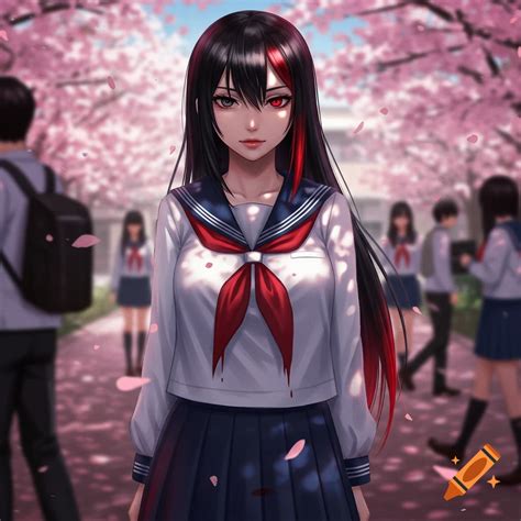 Smiling Anime Girl With Dark Hair A Red Bow And Pink Eyes In A School