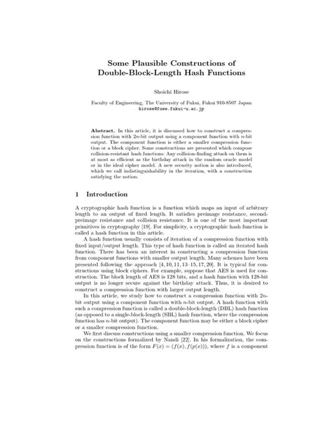 Some Plausible Constructions Of Double Block Length Hash Functions Pdf Computer Security
