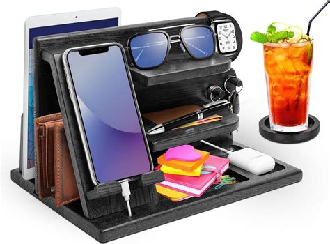 Amazon Com TESLYAR Wood Phone Docking Station With Drawer Nightstand Organizer Desk