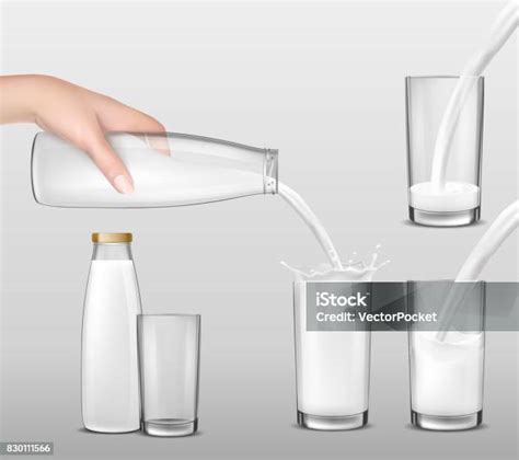 현실적인 그림을 벡터 손을 잡고 우유와 음료수 잔에 붓는의 유리 병 우유에 대한 스톡 벡터 아트 및 기타 이미지 우유 따르기 3차원 형태 Istock