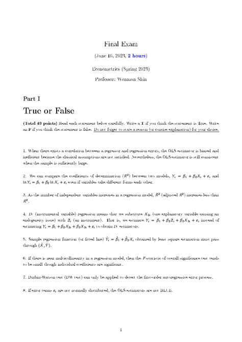 Final Econometrics 2023 Final Exam June 16 2023 2 Hours Econometrics Spring 2023