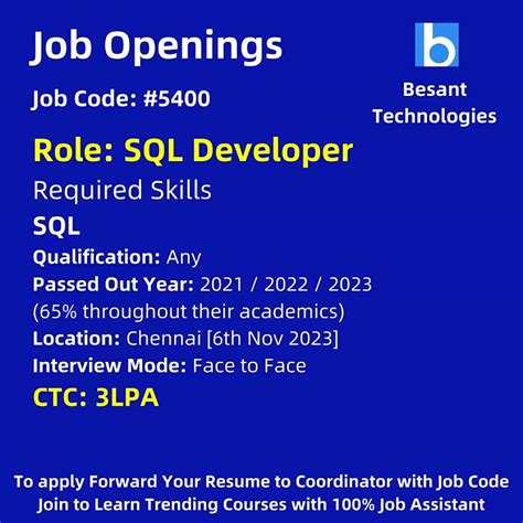 Sql Job Openings In Chennai Ctc 3 Lpa🔥 Besanttechnologiesplacements