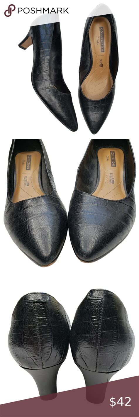 Clarks Collection Black Croc Leather Soft Cushion Pointed Toe Pumps
