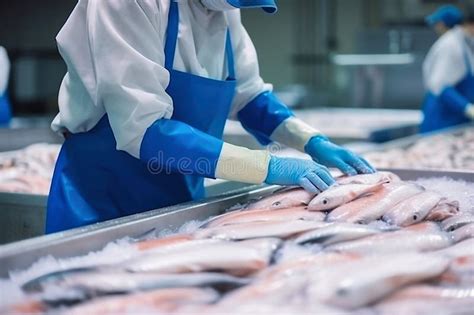 Fish Processing Plant Production Line People Sort The Fish Moving