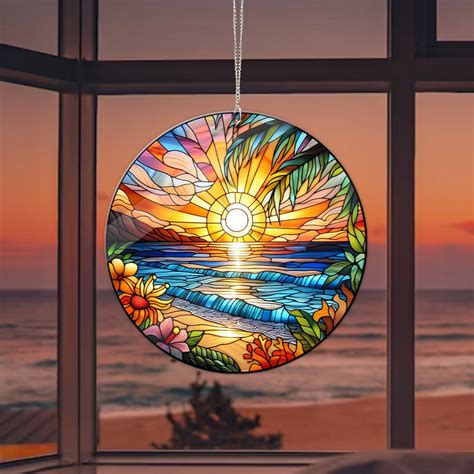 Beach Sunset Acrylic Window Hanging Faux Stained Glass Art Etsy