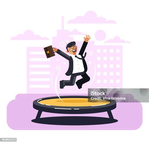 행복 한 미소 부유한 사업가 사무실 작업자 문자 트램 폴 린에 점프 성공 비즈니스 행운 관리자 휴가 개념 벡터 평면 만화 절연 그래픽 디자인 일러스트 레이 션 사무실에 대한